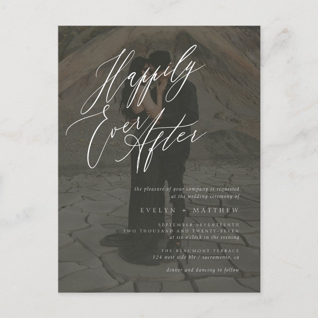 Simple B&W Happily Ever After Script Photo Wedding Invitation Postcard ...