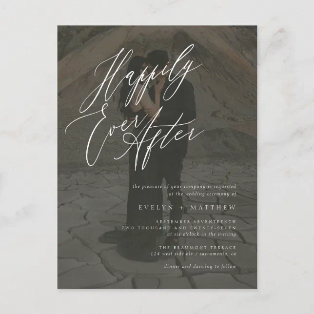 Simple B&W Happily Ever After Script Photo Wedding Invitation Postcard ...