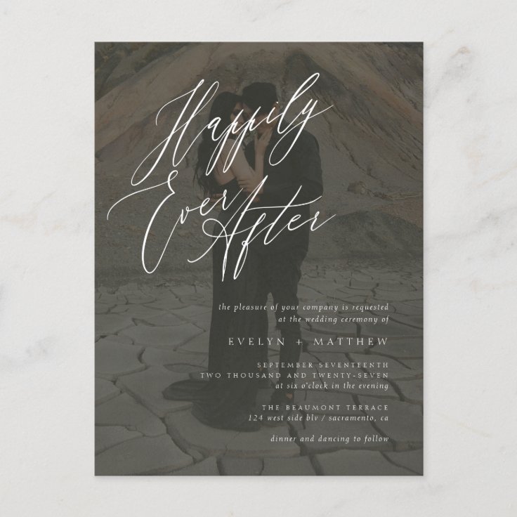 Simple B&W Happily Ever After Script Photo Wedding Invitation Postcard ...