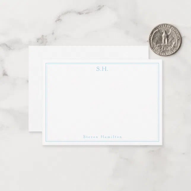 Simple Baby Blue 2 Monogram Name Minimal Border Note Card | Zazzle
