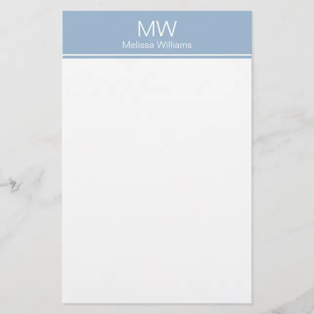 Simple Baby Blue and White Name with Monogram Stationery | Zazzle