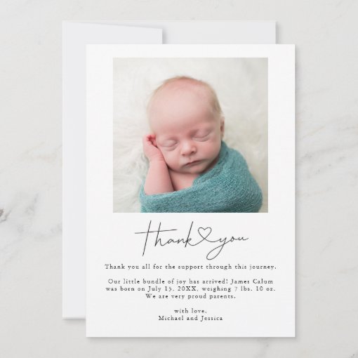 Simple Baby Photo Thank You Script Heart Birth Announcement | Zazzle