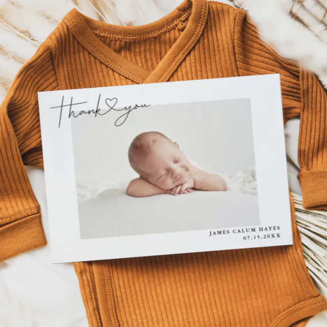 Simple Baby Photo Thank You Script Heart Birth Announcement | Zazzle