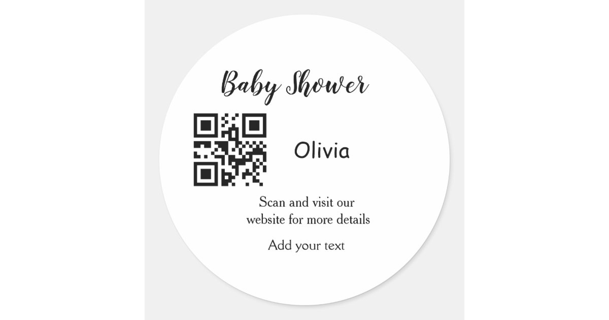 Simple baby shower website barcode QR add name det Classic Round ...