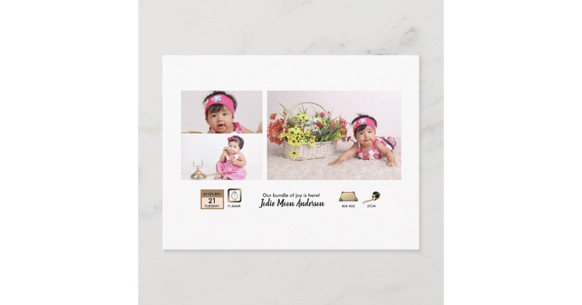 Simple BABY STATS Photo Collage Announcement Postcard | Zazzle