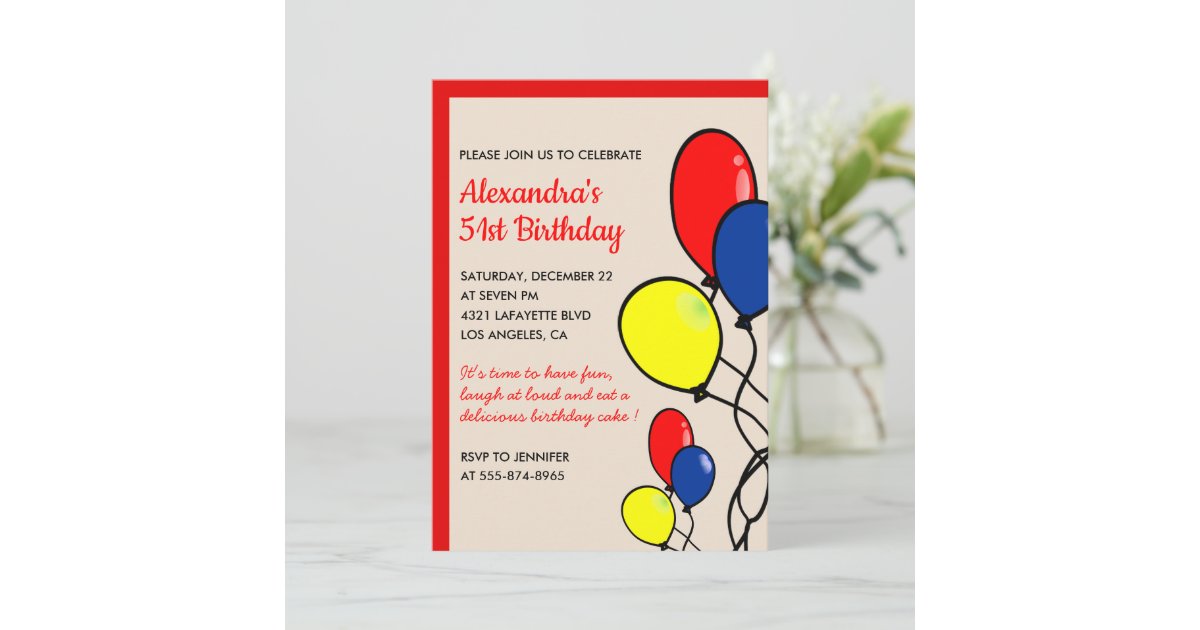 Simple Balloons 51st birthday invitations | Zazzle