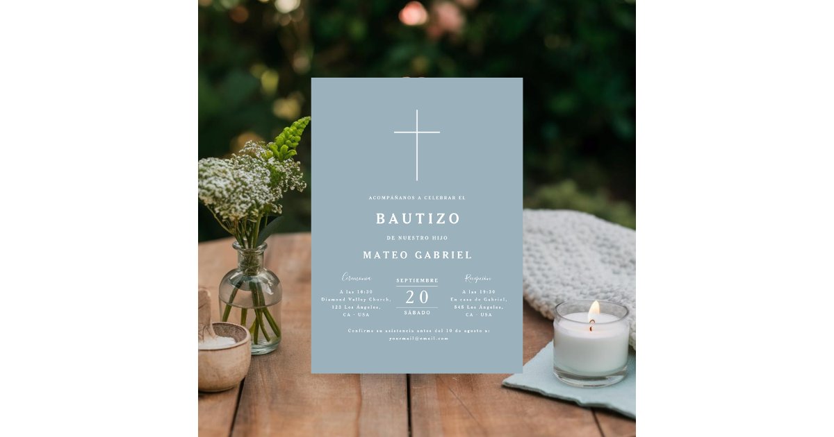 Simple Baptism Dusty Blue Spanish Bautizo Invitation | Zazzle