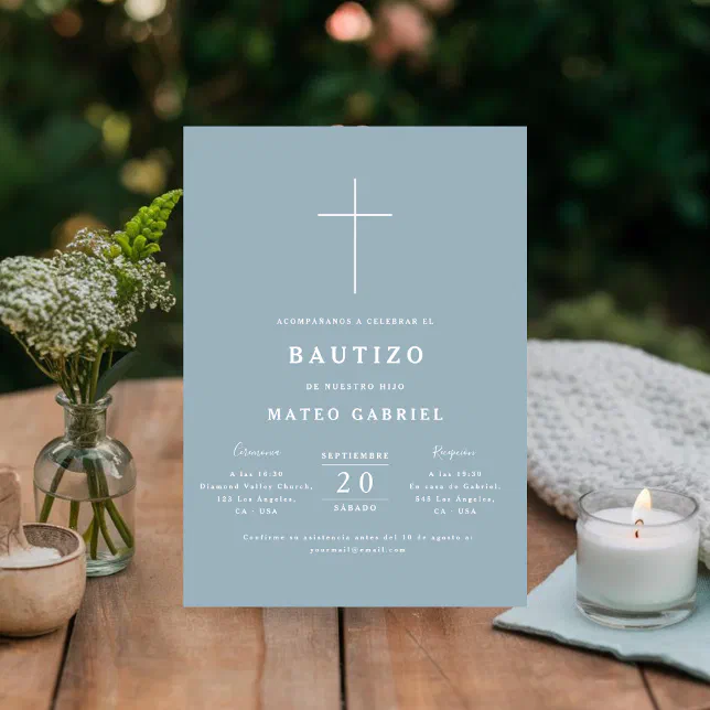 Simple Baptism Dusty Blue Spanish Bautizo Invitation | Zazzle