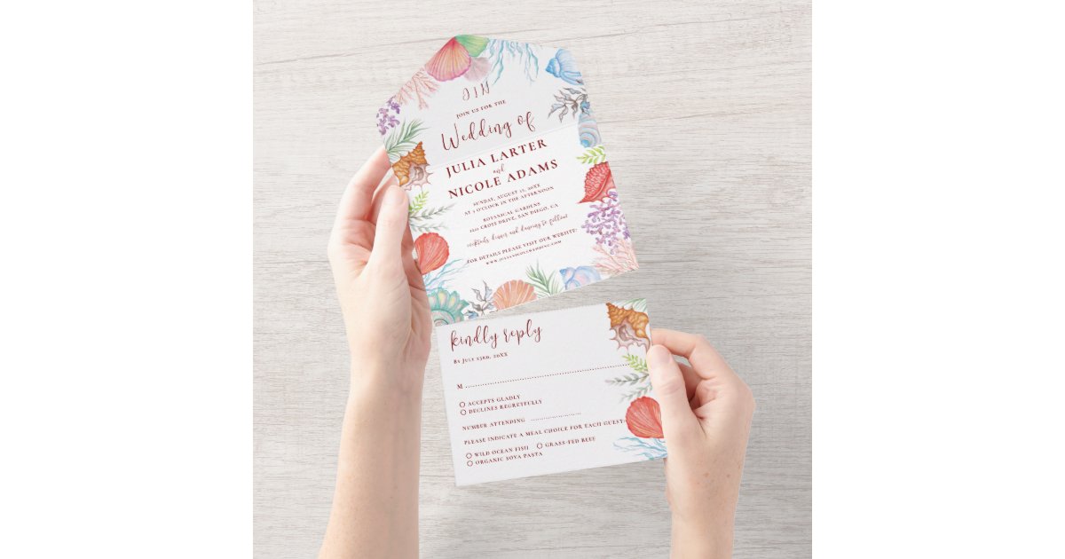 Simple Beach Ocean Seashell Wreath Wedding All In One Invitation | Zazzle
