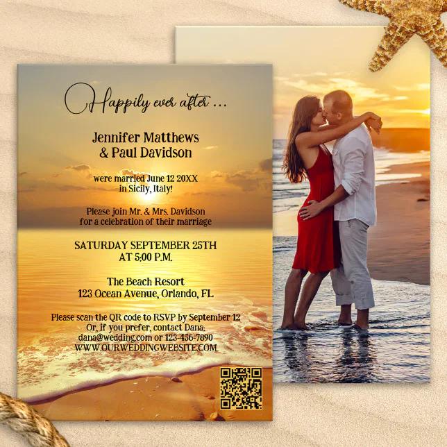 Simple Beach Sunset Wedding Reception Photo Invitation | Zazzle