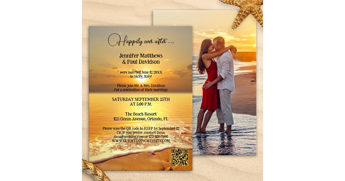 Simple Beach Sunset Wedding Reception Photo Invitation | Zazzle