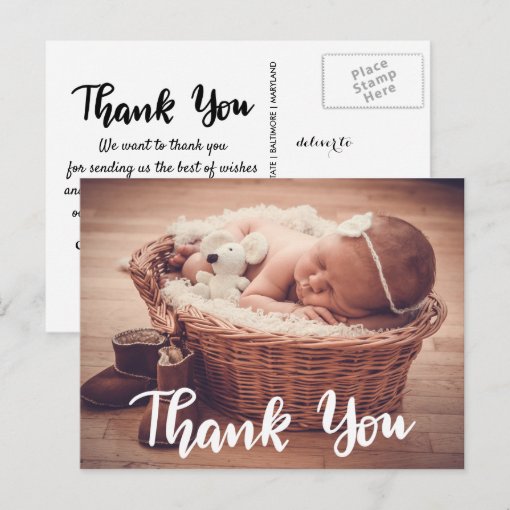 Simple Birth Announcement Thank You Script Photo Postcard | Zazzle
