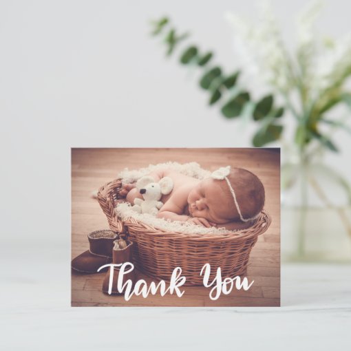Simple Birth Announcement Thank You Script Photo Postcard | Zazzle