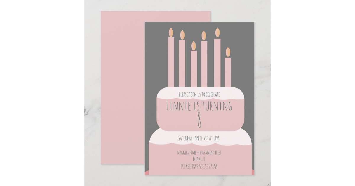 Simple Birthday Cake with Party Candles Pink Invitation | Zazzle