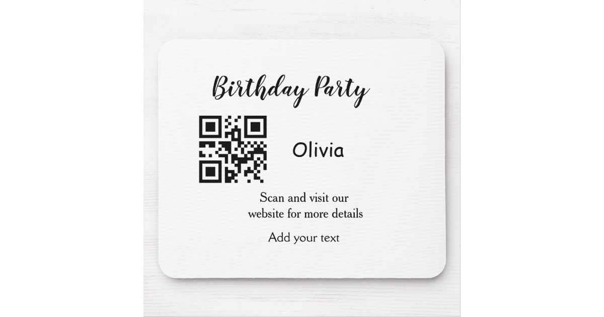 Simple birthday party website barcode QR add name Mouse Pad | Zazzle
