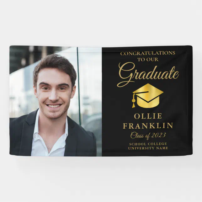 Simple Black And Gold Photo Graduation Banner | Zazzle