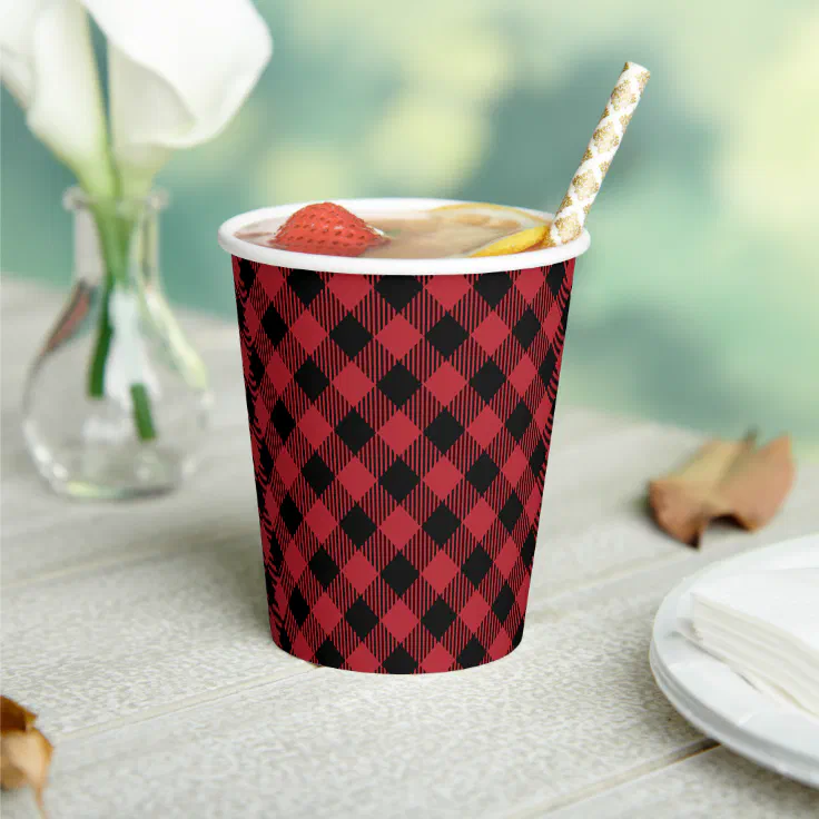 Simple Black and Red Buffalo Plaid Paper Cups | Zazzle