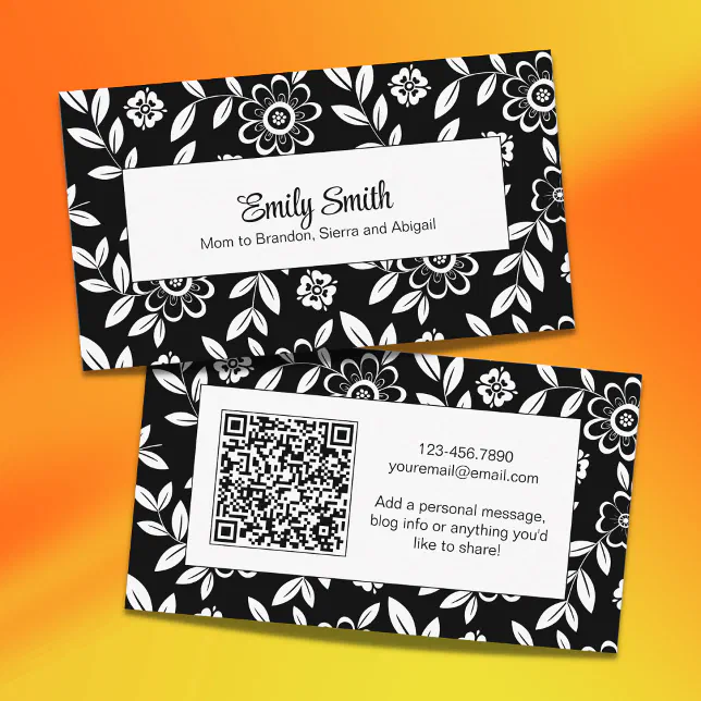 Simple Black and White Floral QR Code Personal Calling Card | Zazzle