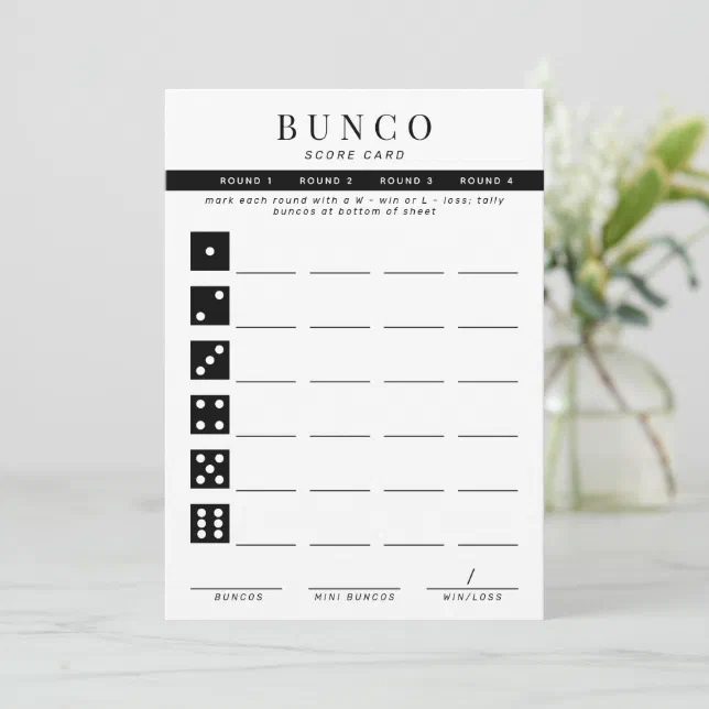 Simple Black and White Four Round Bunco Score Card | Zazzle