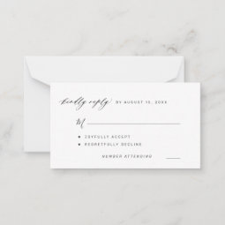 Simple black and white kindly replay wedding RSVP Note Card | Zazzle