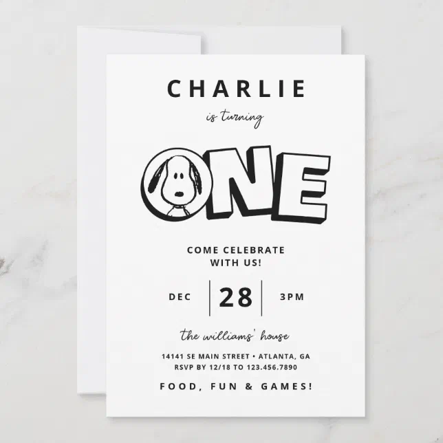 Simple Black and White Snoopy First Birthday Invitation | Zazzle