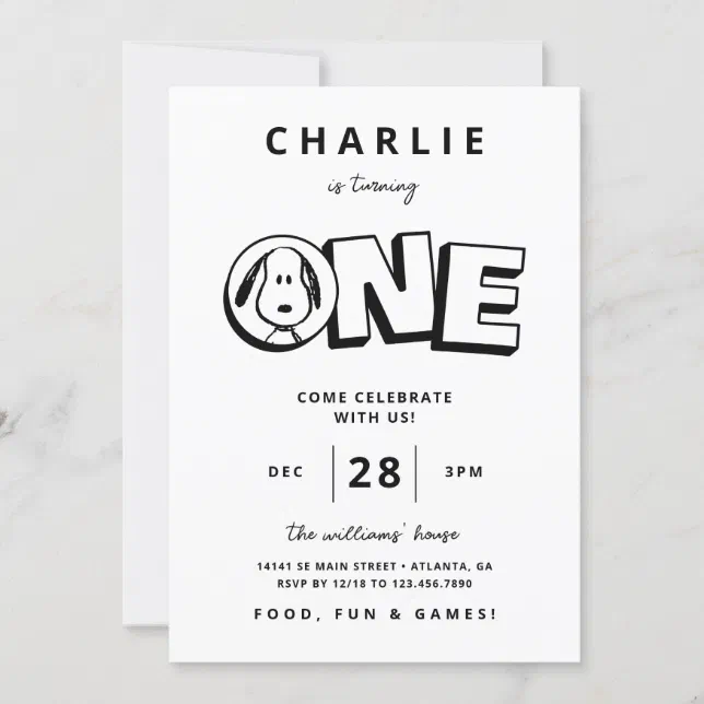 Simple Black and White Snoopy First Birthday Invitation | Zazzle