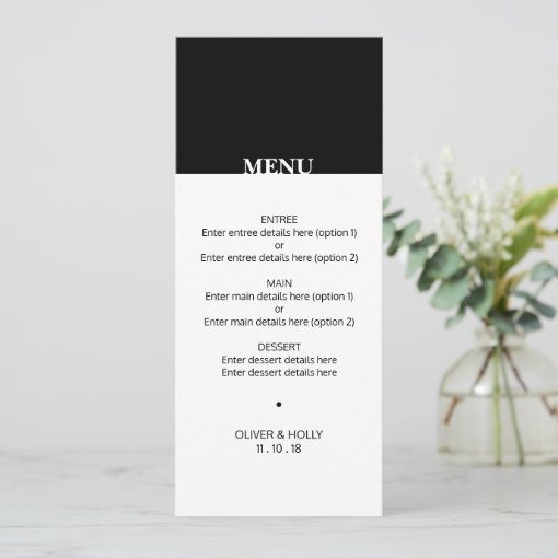 Simple black and white wedding menu | Zazzle