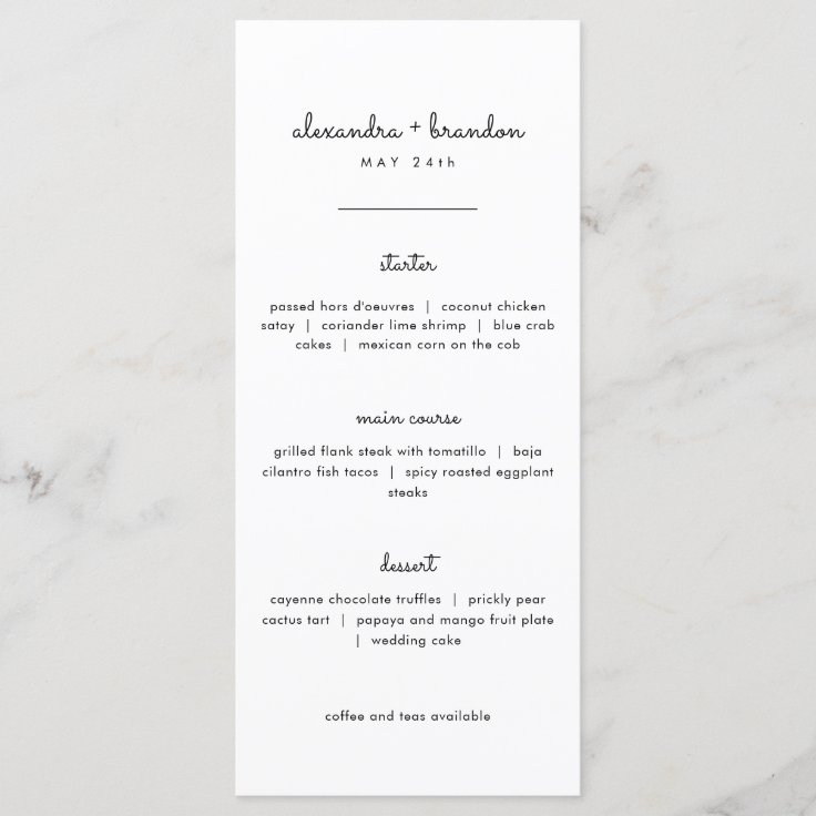 Simple Black and White Wedding Menu | Zazzle