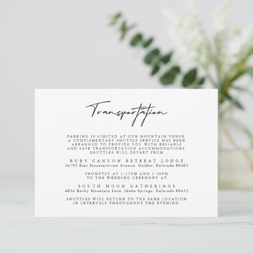 Simple Black and White Wedding Transportation Card | Zazzle