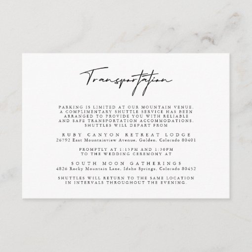 Simple Black and White Wedding Transportation Card | Zazzle