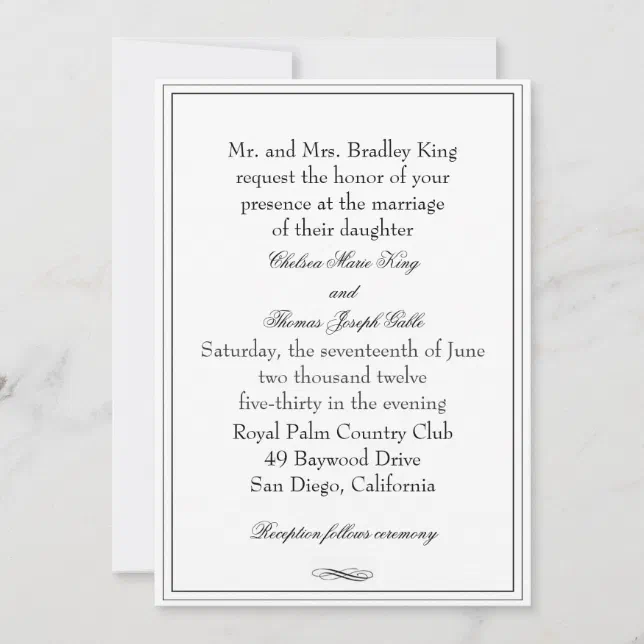 Simple Black Border Wedding Invitation | Zazzle