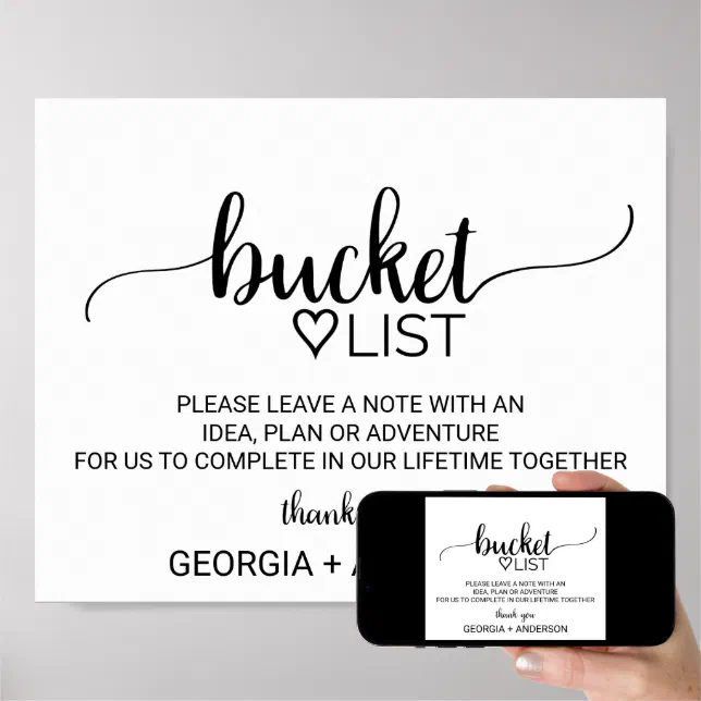 Simple Black Calligraphy Bucket List Sign | Zazzle