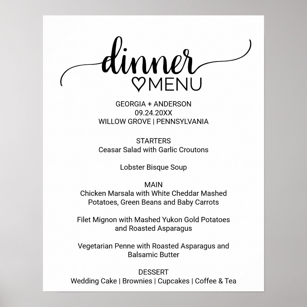 Simple Black Calligraphy Dinner Menu Sign | Zazzle