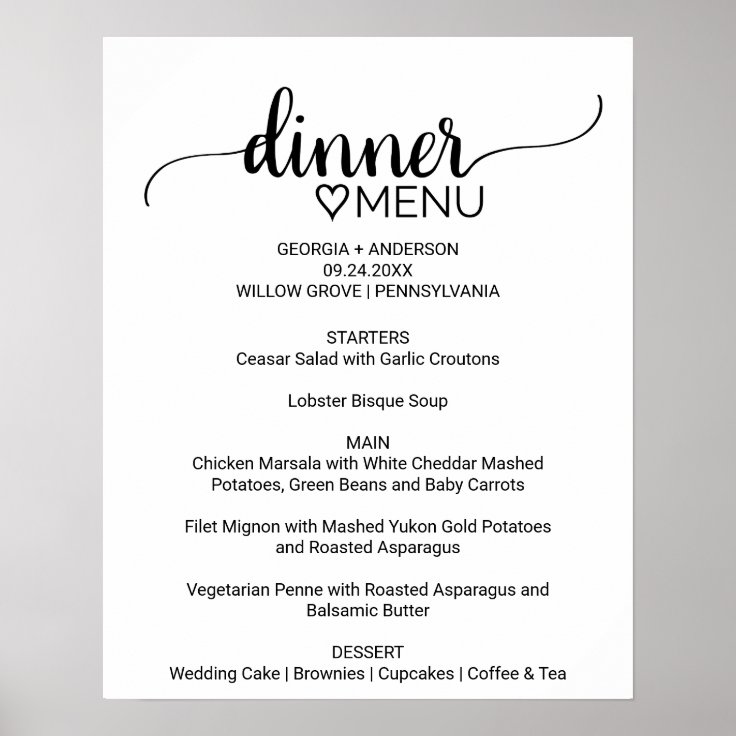 Simple Black Calligraphy Dinner Menu Sign | Zazzle