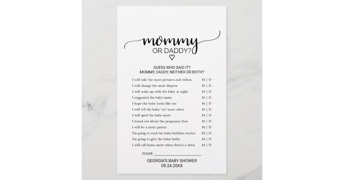 Simple Black Calligraphy Mommy or Daddy Game | Zazzle