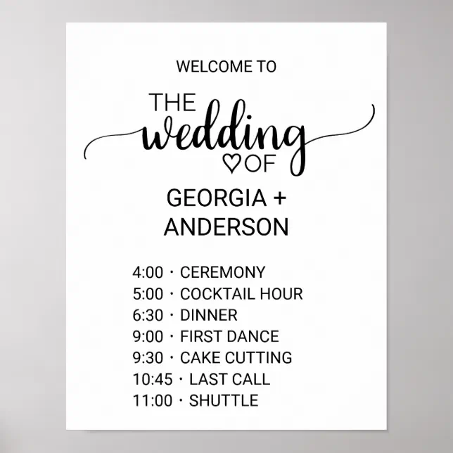 Simple Black Calligraphy Order of Events Poster | Zazzle