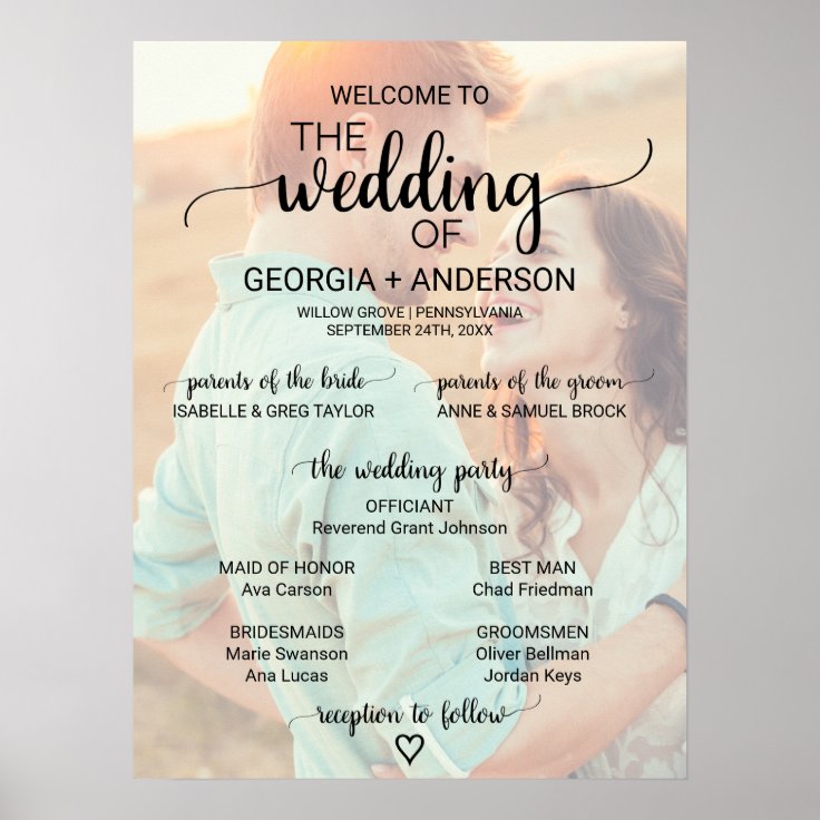 Simple Black Calligraphy Photo Wedding Program Poster | Zazzle