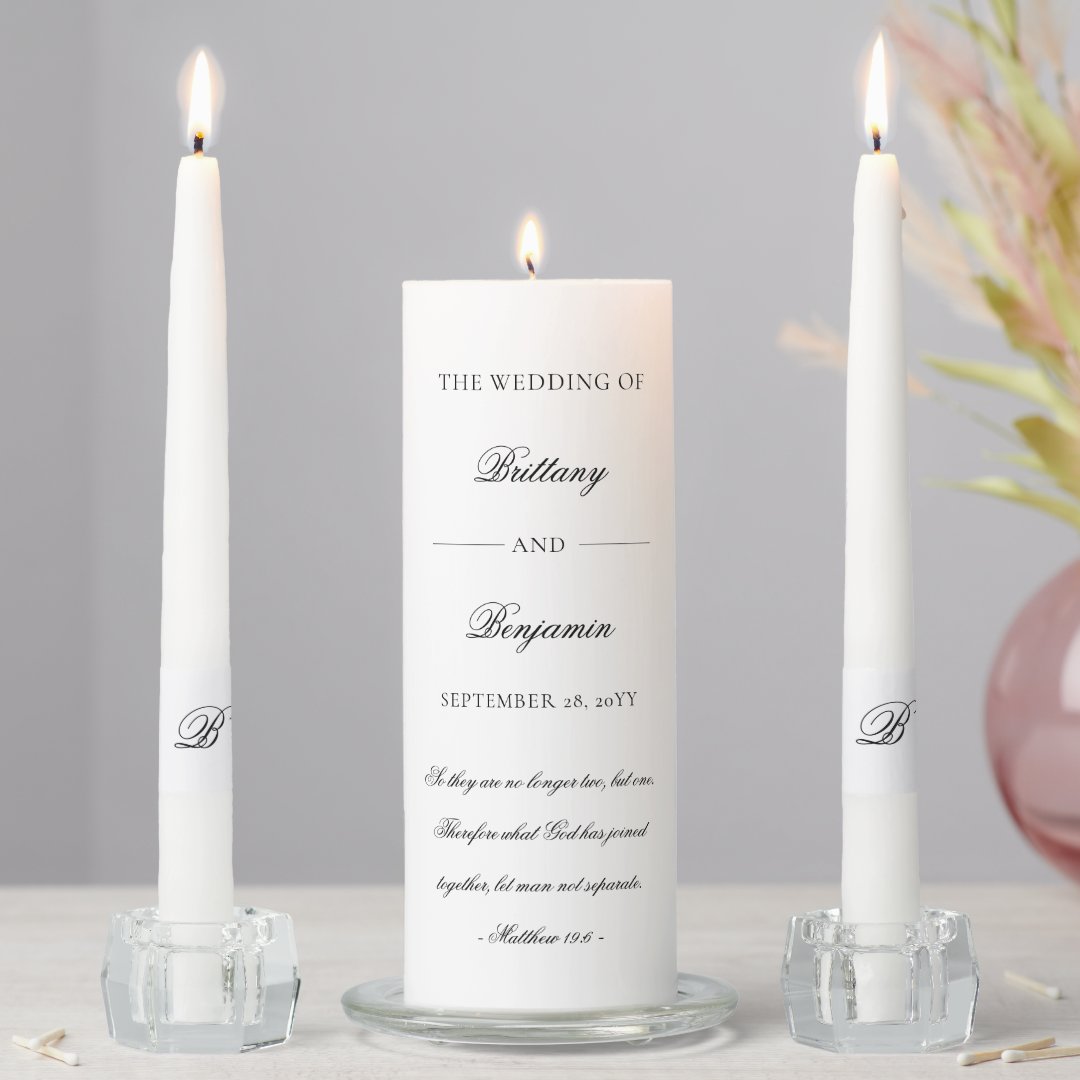 Simple Black Calligraphy Script Christian Wedding Unity Candle Set | Zazzle