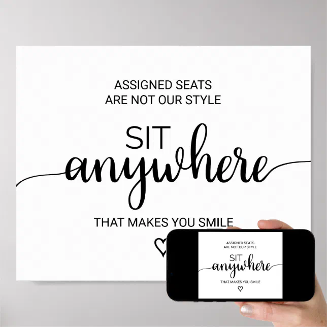 Simple Black Calligraphy Sit Anywhere Sign | Zazzle