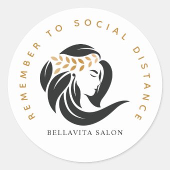 Simple Black Gold Hair Salon Social Distancing Classic Round Sticker ...
