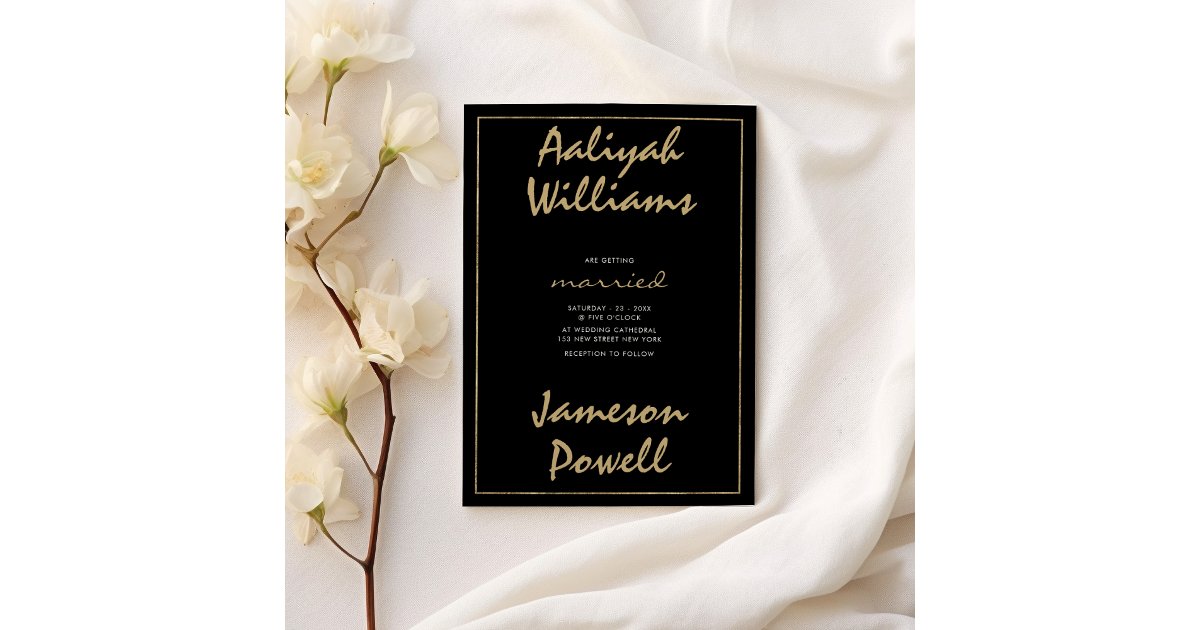 Simple black gold handwritten calligraphy wedding invitation | Zazzle