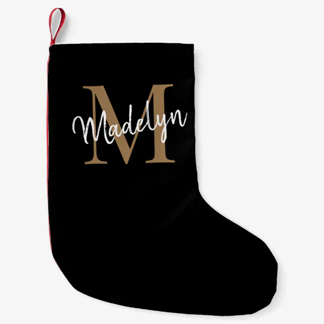 Simple Black Gold Monogram Elegant Girly Script Small Christmas ...