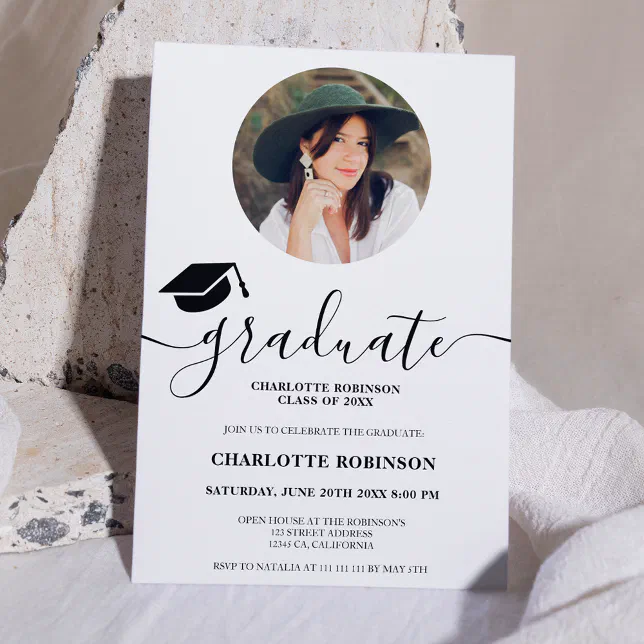 Simple Black graduate script photo graduation Invitation | Zazzle