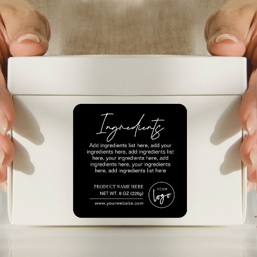 Simple Black Logo Business Product Ingredients Square Sticker | Zazzle