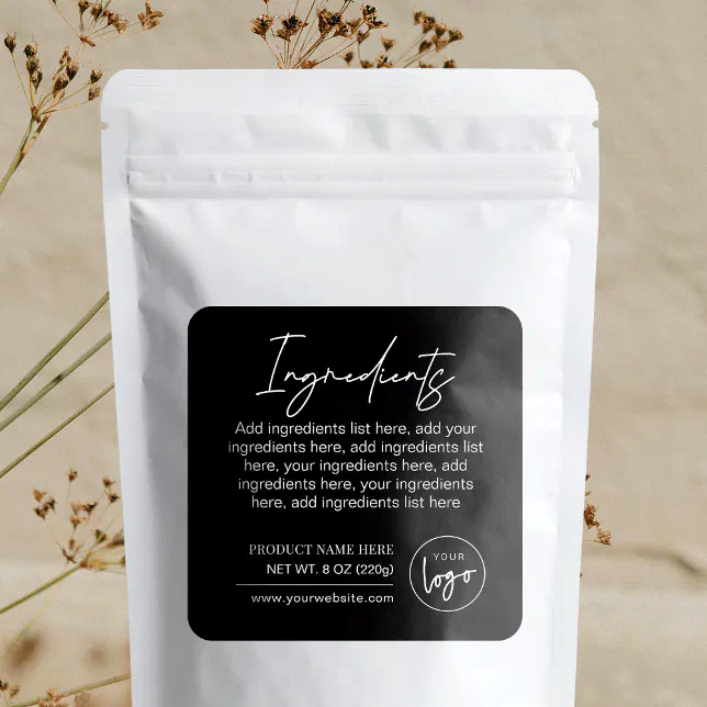 Simple Black Logo Business Product Ingredients Square Sticker | Zazzle