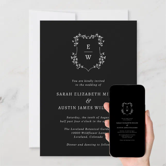 Simple Black Monogram Wedding Invitation | Zazzle