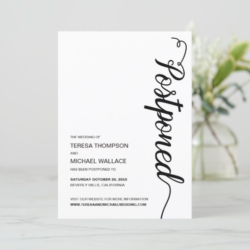 Simple Black Postponed Wedding Postponement Invitation | Zazzle