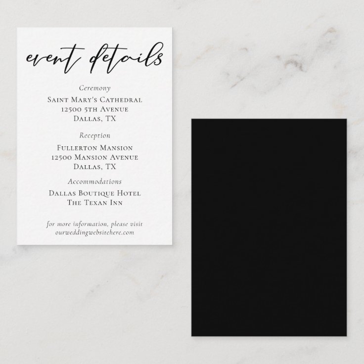 Simple Black Script Formal Wedding Event Details Enclosure Card | Zazzle