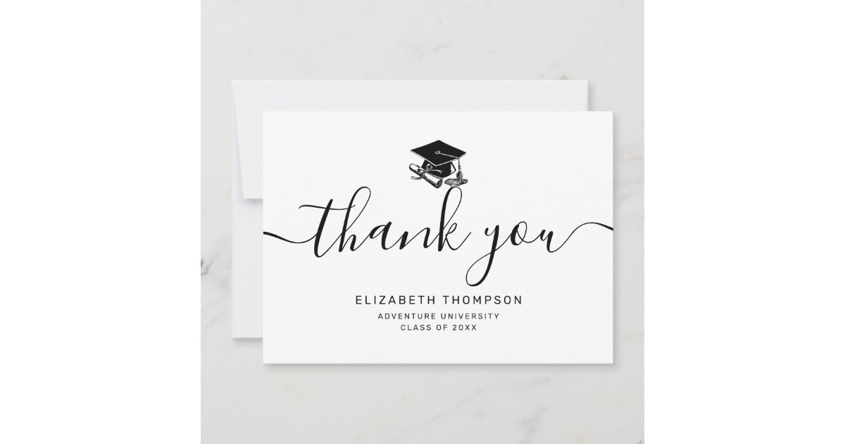 Simple Black Script Grad Cap Graduation Thank You Card | Zazzle