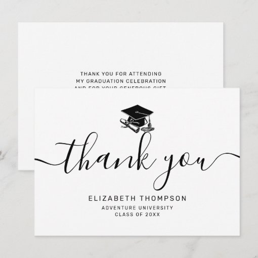 Simple Black Script Grad Cap Graduation Thank You Card | Zazzle